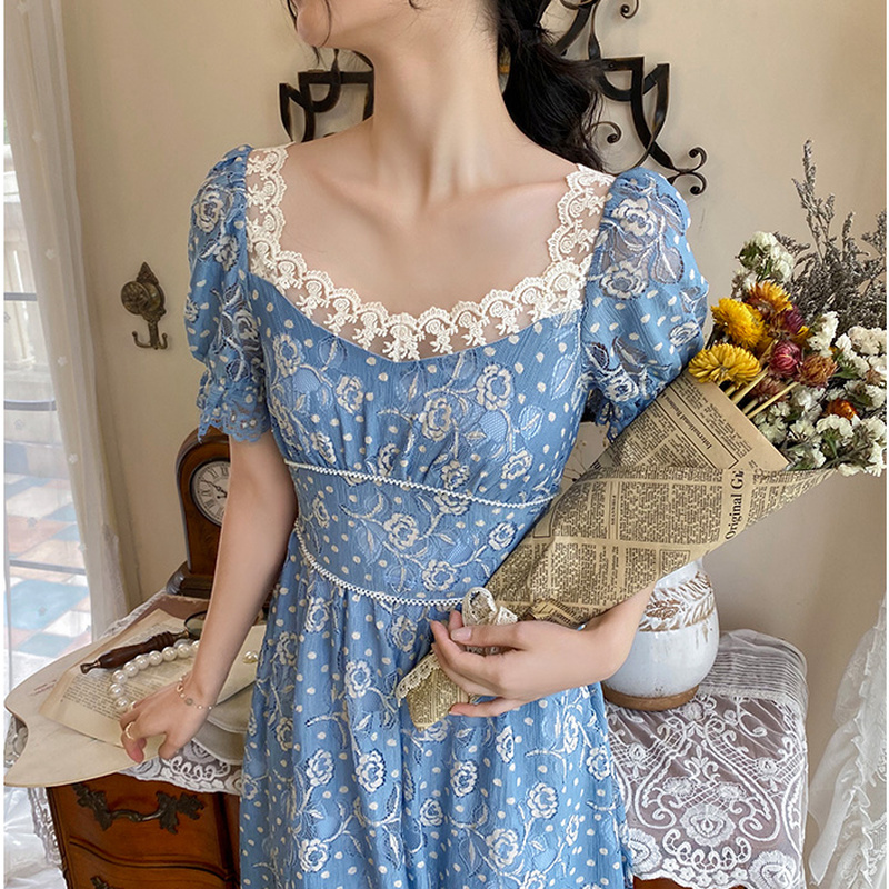 Lady Floral Rose Tea Dress Lace Puff Short Sleeve Ruffle Retro ...