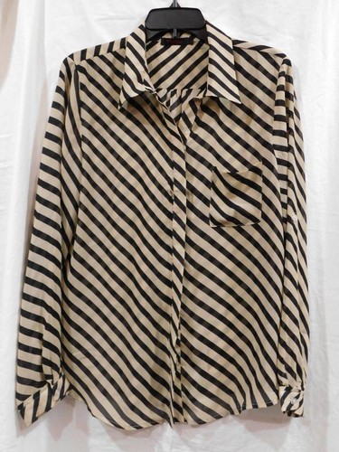 GW - Ms. Sheer Diagonal Striped Button Down Blouse - Beige & Black - Sz ...