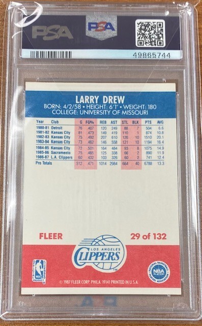 1987 Fleer Larry Drew PSA 9 *set break* Los Angeles Clippers #29 MINT ...