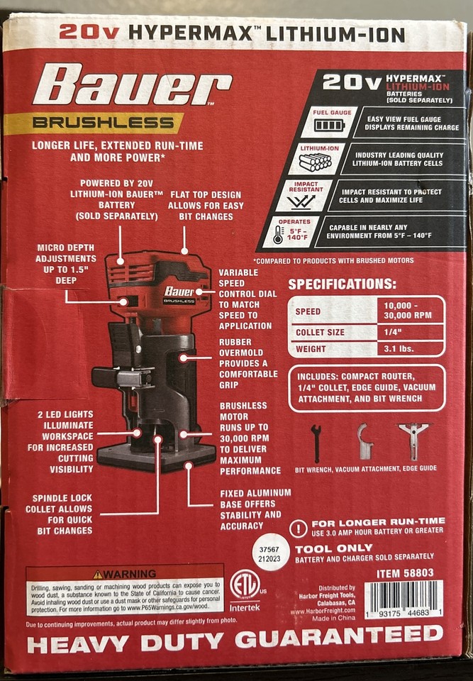 BAUER 20V Brushless Cordless Variable Speed Compact Router 10,000 ...