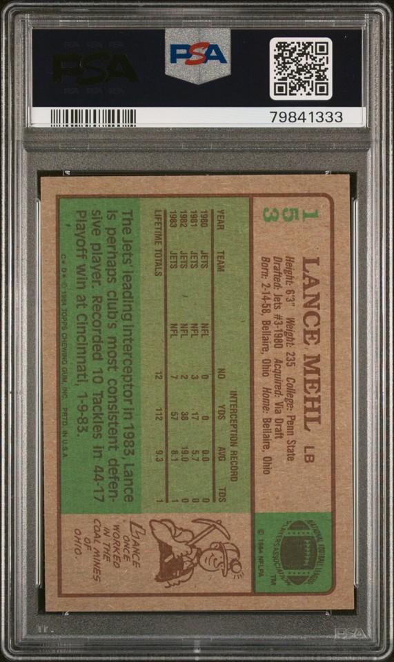 1984 TOPPS #153 LANCE MEHL PSA 9 MINT NEW YORK JETS | eBay