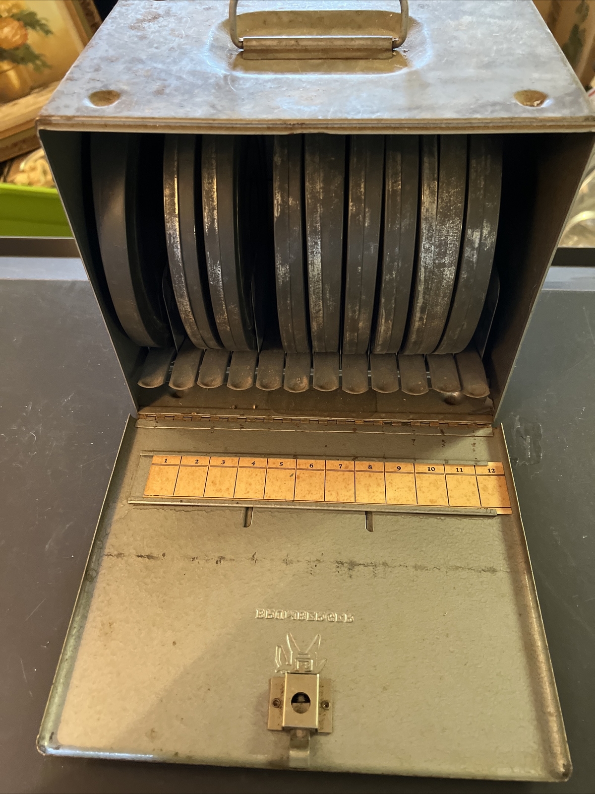 BRUMBERGER gray metal 12 SLOT FILM REEL STORAGE carrying case With 9 ...