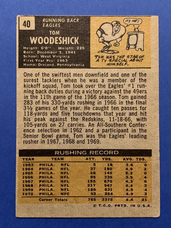 TOM WOODESHICK Signed 1971 Topps #40 Eagles Cardinals W Virginia ...