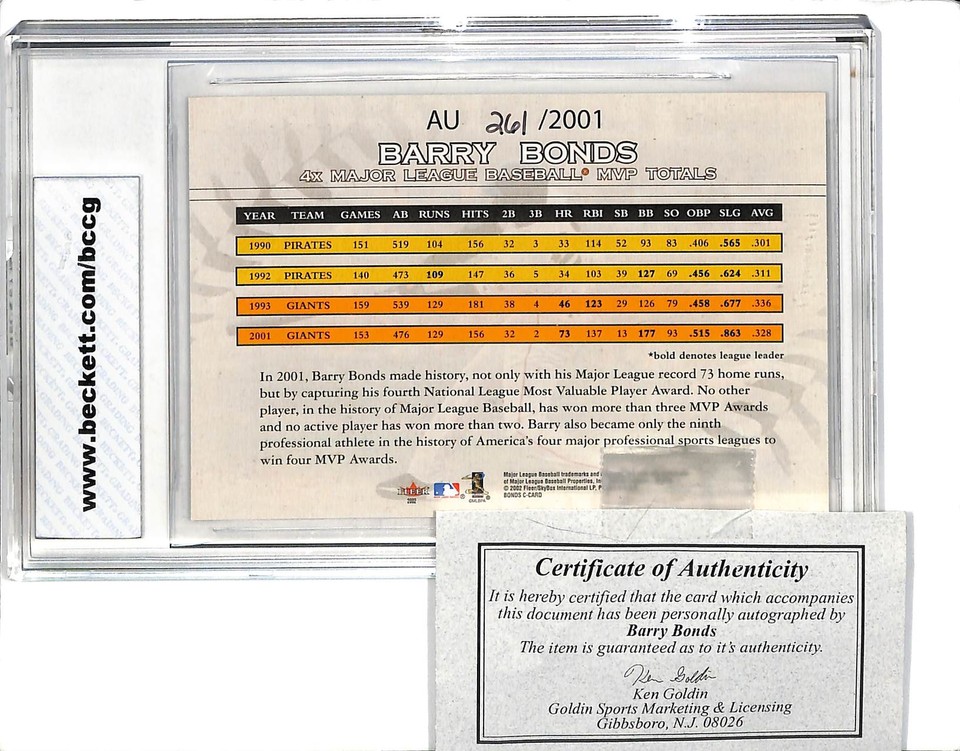 2002 Fleer Barry Bonds MVP Jumbo Ken Goldin Authentic Auto #/2001 BCCG ...