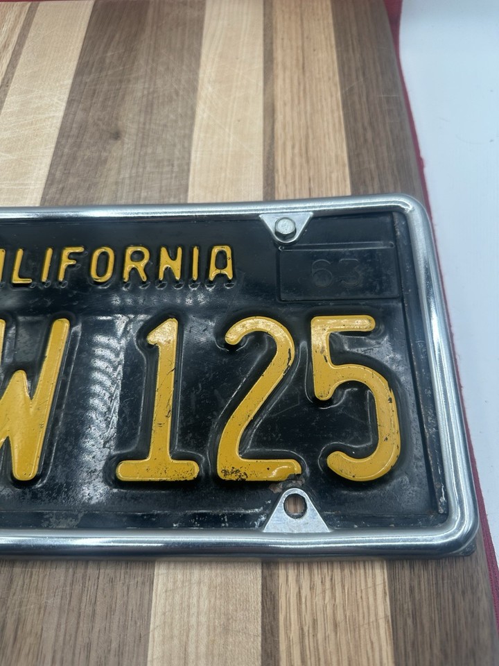 1963 California License Plate Black & Yellow W/ Vintage Metal Frame ...