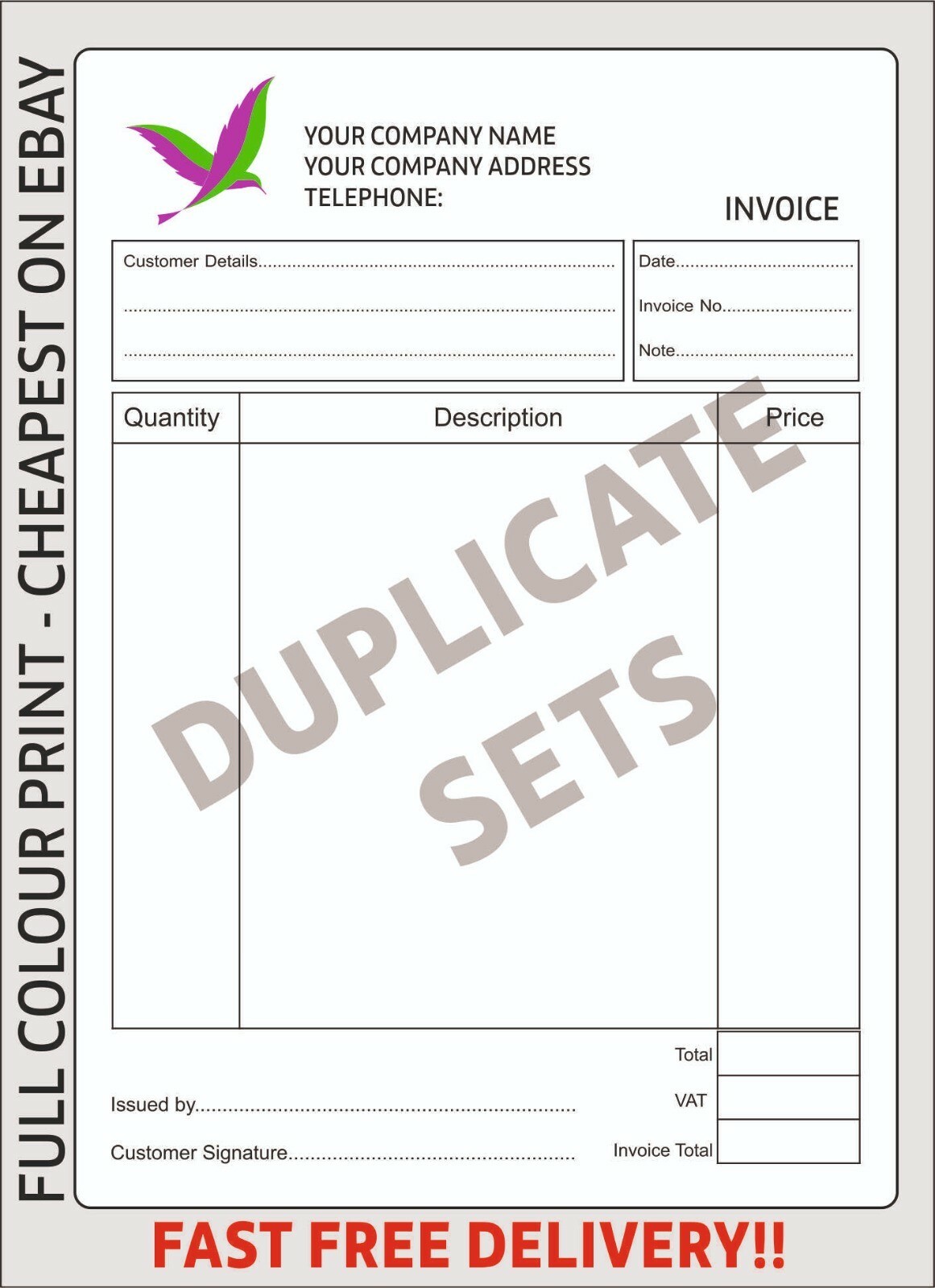 20x A6 Invoice Receipt Pads / 1000 SETS / Personalised / Duplicate NCR ...