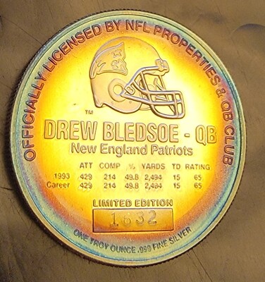 NE Patriots Drew Bledsoe QB NFL-999 Silver 1 Oz Coin Round RAINBOW ...