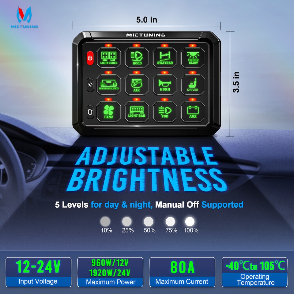 MICTUNING Led Touch 12 Gang Switch Panel Green Light Relay System ...