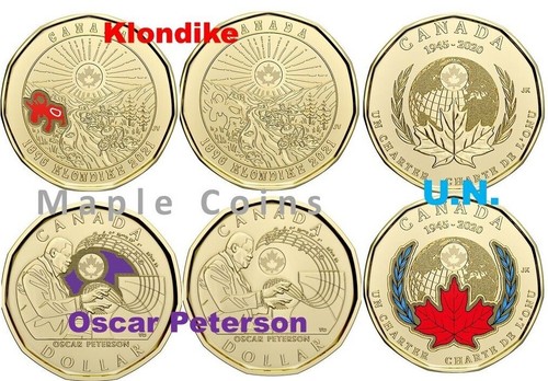2022 Oscar Peterson +2021 Klondike +2020 UN Loonie color+Nocolor Canada ...