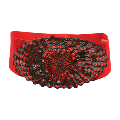 Women Red Wide Elastic Hip High Waist Fun Belt Black Sequins Peacock ...