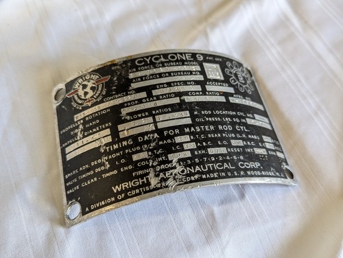 WWII US Army Air Force Wright Cyclone 9 engine Aircraft data plate R ...