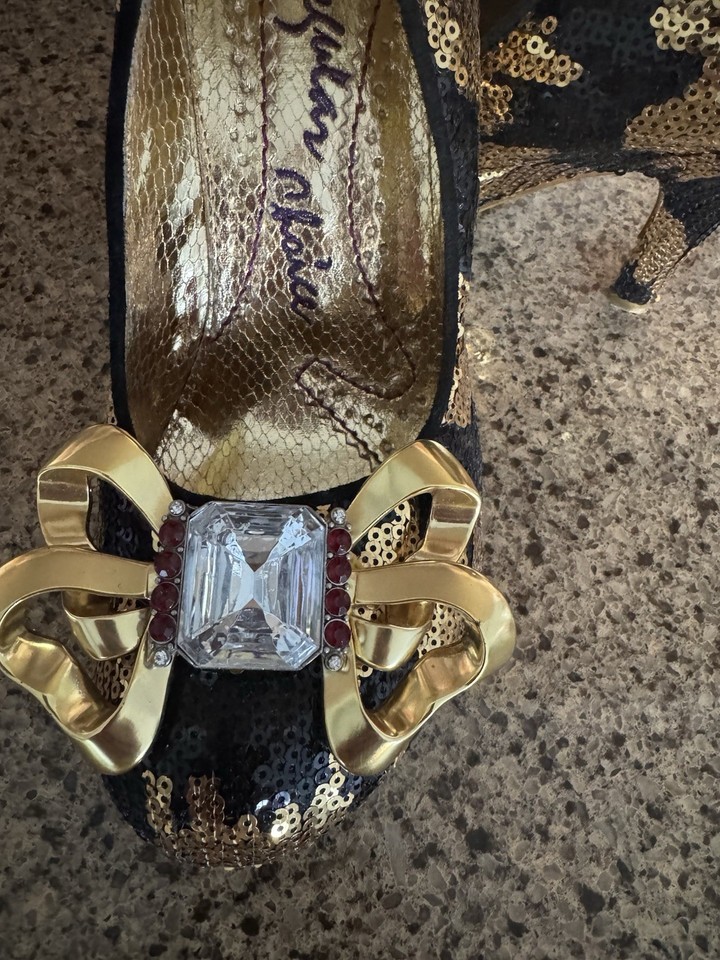 Irregular Choice Sequin Shoes Black & Gold Big Gem Bow Excellent ...