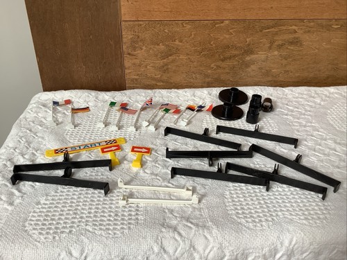 Artin Slot Car Loop 35ish Pieces Flags Signs Bridge Parts Preowned | eBay