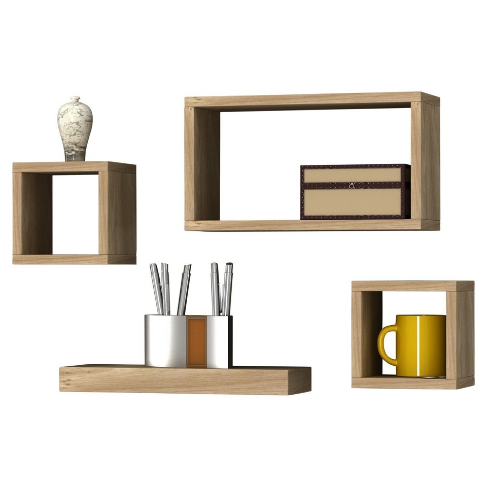 4 Wooden Floating Cube Shelves Wall Hanging Storage Display Decor ...