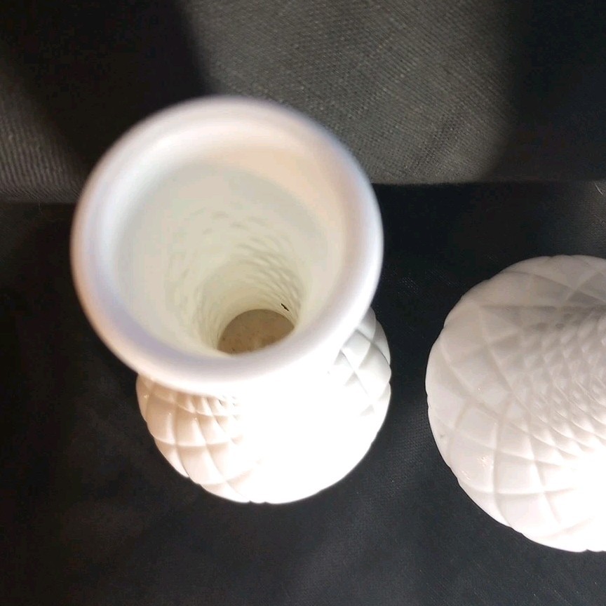 2 Vtg White Milk Glass Bud Vases Randall & Hoosier Raised Diamond Quilt ...