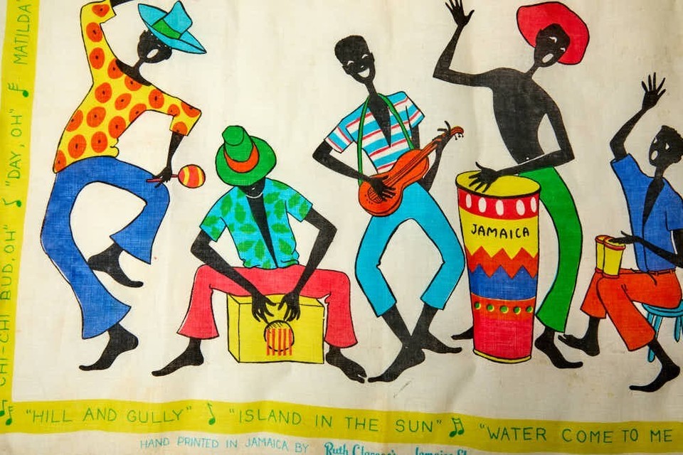 Vintage Ruth Clarage, Jamaica Shop, Musicians Hand Painted Linen Tea ...