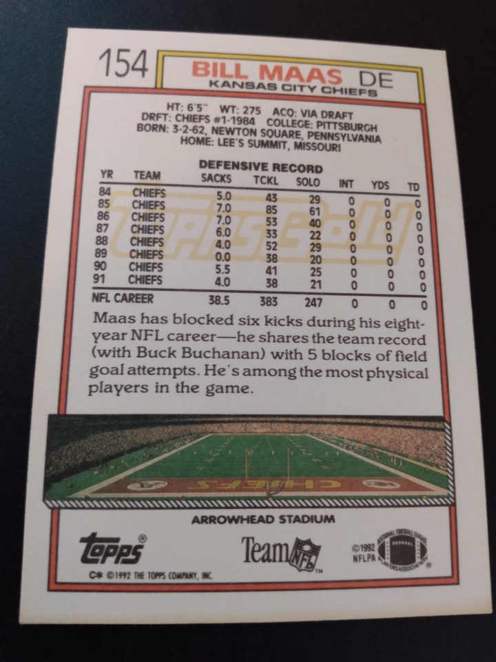 Bill Maas Kansas City Chiefs - Topps Gold NFL 1992 Card # 155 | eBay