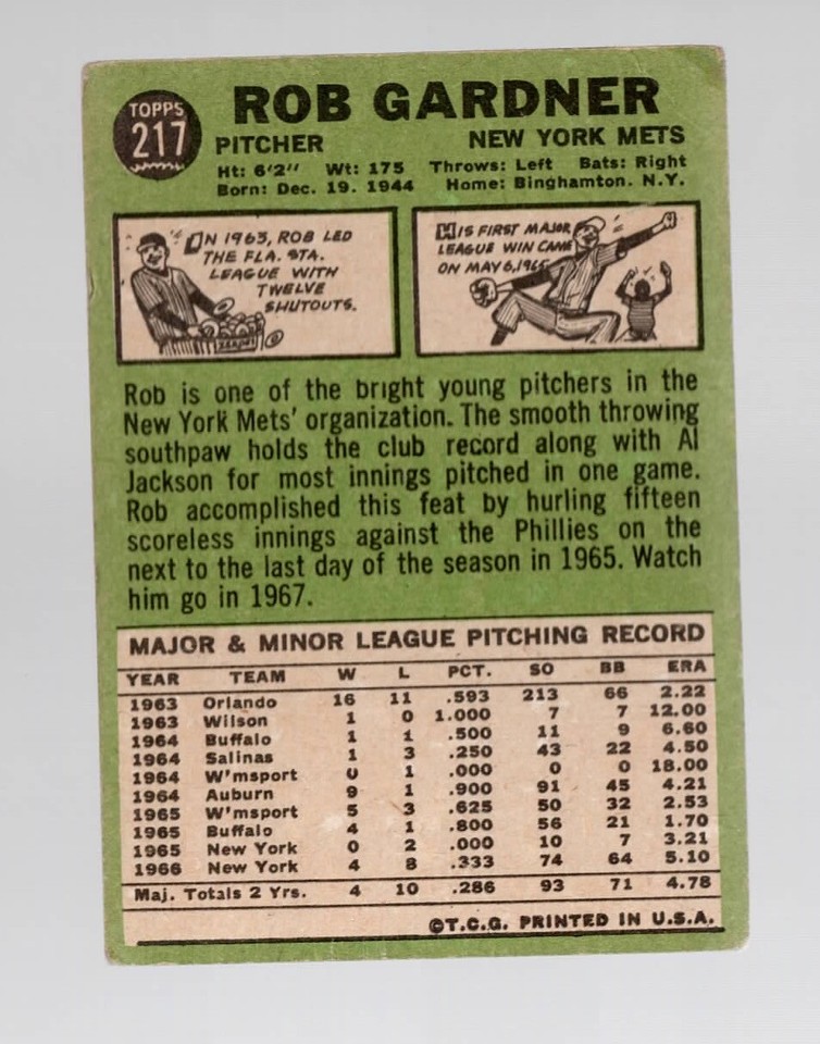 1967 Topps #217 Rob Gardner Good/VG | eBay