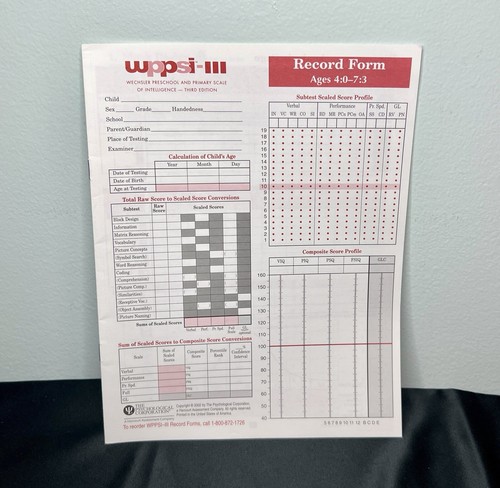 WPPSI-III Wechsler Preschool & Primary Scale Record Form Blank Ages 4:0 ...