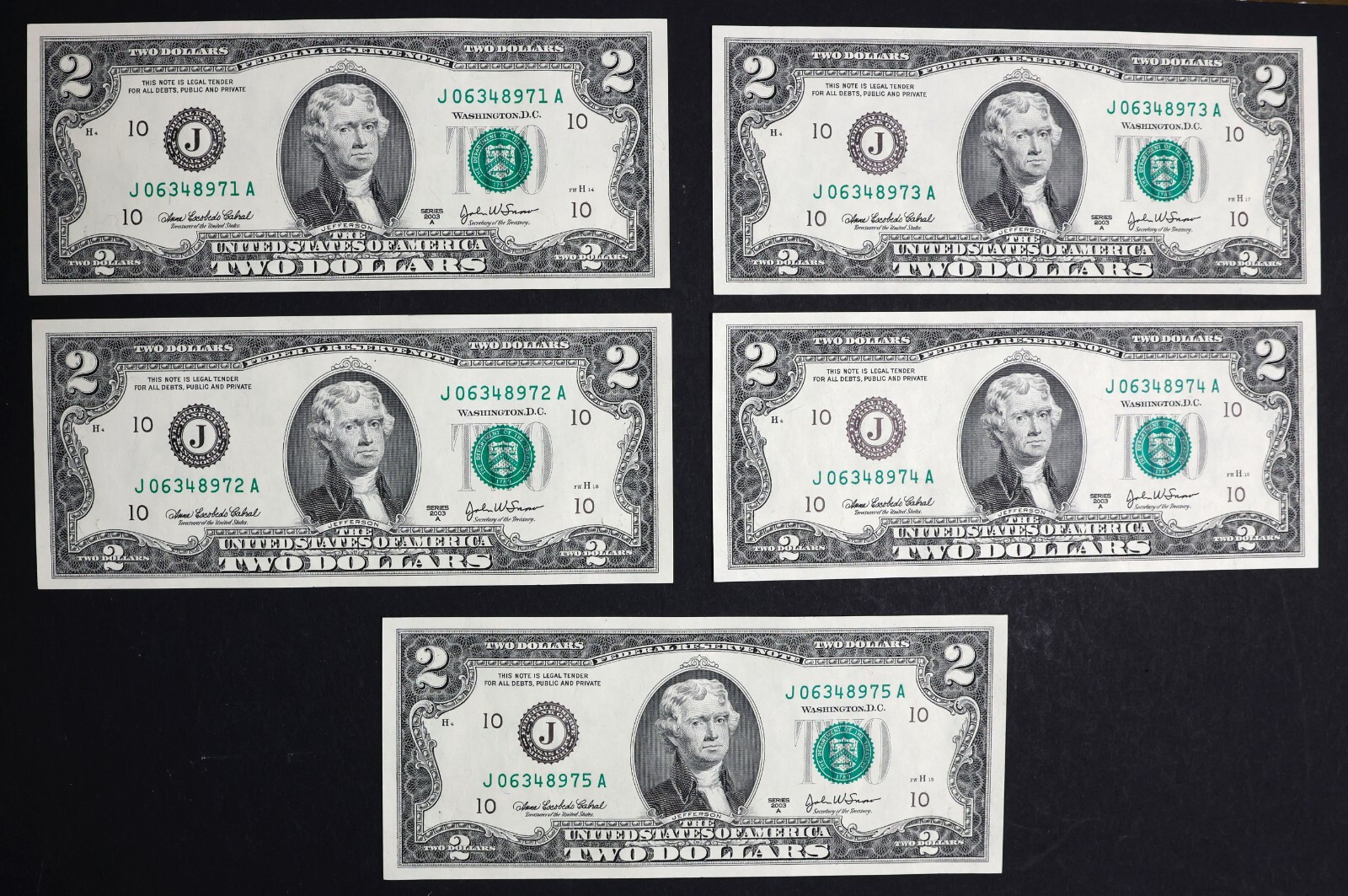 5 Sequential Uncirculated Series 2003A ($2) Two Dollar Bills | eBay