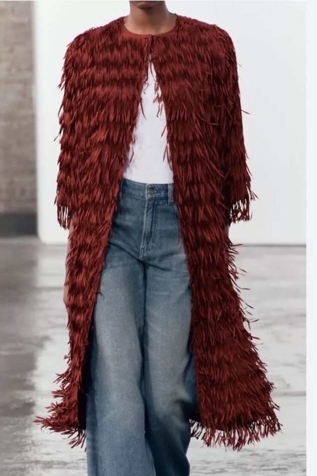 ZARA COAT WITH FRINGING ROUND NECK MAROON LONG NEW SS24 SIZES S REF ...