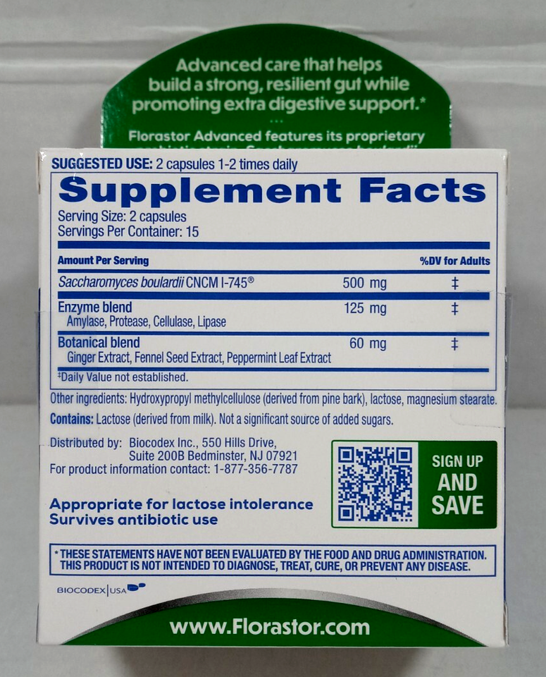 Florastor Advanced Gas & Bloat Probiotic Digestive Health 30 Veg Caps ...
