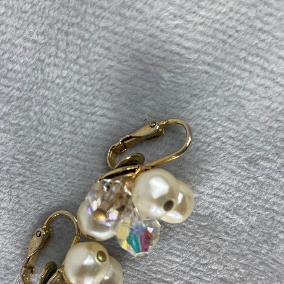 Vintage Clip-On Earrings W/ Faux Pearl & Clear Crystal Beads Cluster ...