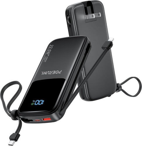 10000mAh Power Bank with Built-in AC Wall Plug, USB-C Fast Charging for ...