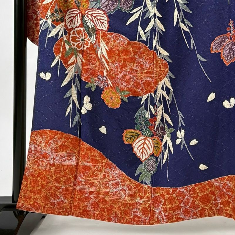 Japanese Furisode Silk Kimono M 161cm Navy blue Grass and flowers Cloud ...