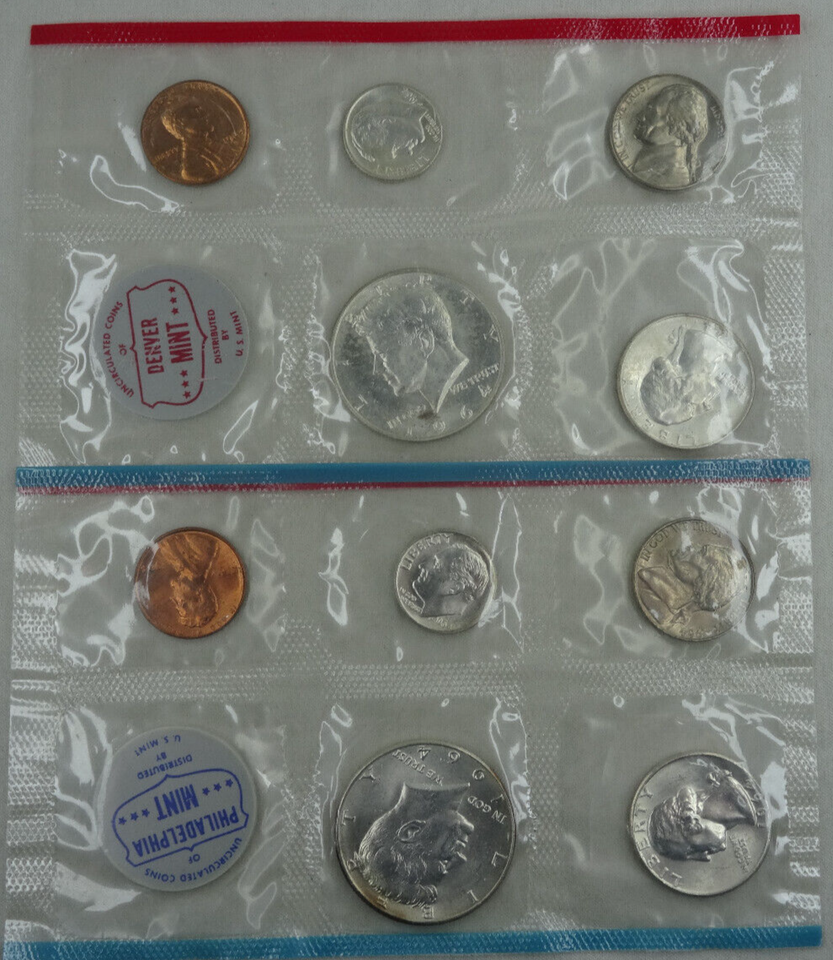 1964 P & D US Mint Set Uncirculated 10 Coins w/ 90% Silver OGP Envelope ...