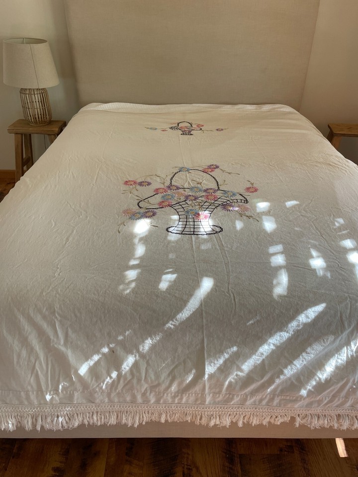 Antique Hand Embroidered Coverlet Floral Basket Needlepoint Fringe ...