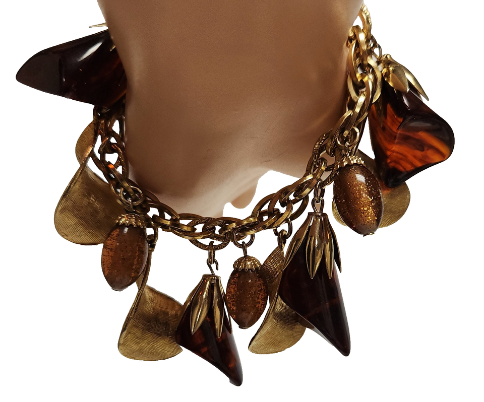 Vintage 1960's Gold Tone Brown Lucite Art Glass & Pod Rope Chain Charm ...