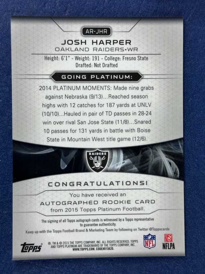 2015 Topps Platinum Pulsar Josh Harper Autograph Raiders /50 | eBay