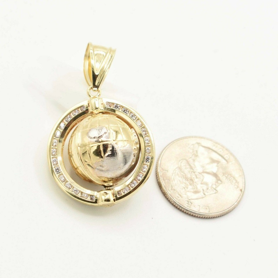 Pendant Two Tone 3D Textured World Globe 1 3/4" Real 10K Yellow White ...