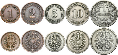 German Empire Collection 5 Coins 1 2 5 10 Pfennig + 1 Mark 1873-1889 ...