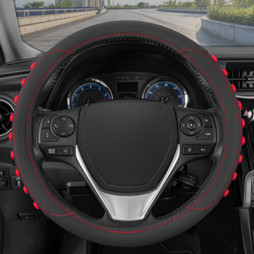 Motor Trend Black Leather Steering Wheel Covers with Red Traction Bumps ...