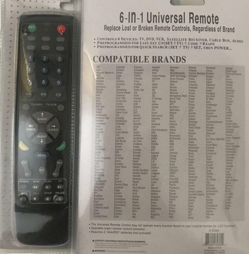 Universal Remote Black 6-IN-1 Control TV Satellite DVD Cable Box VCR ...