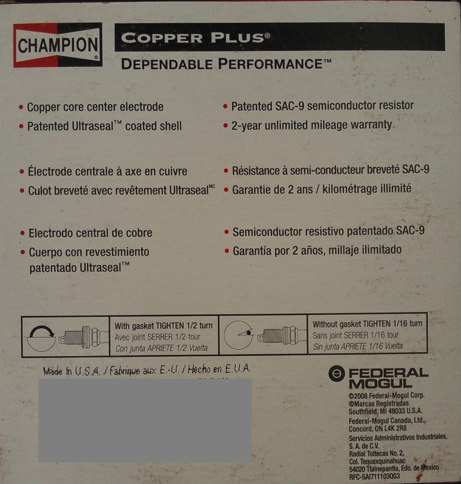 Champion Spark Plug CJ6Y #858 Replaces: 858-1 RCJ6Y CJ6Y BPMR7A 018 ...