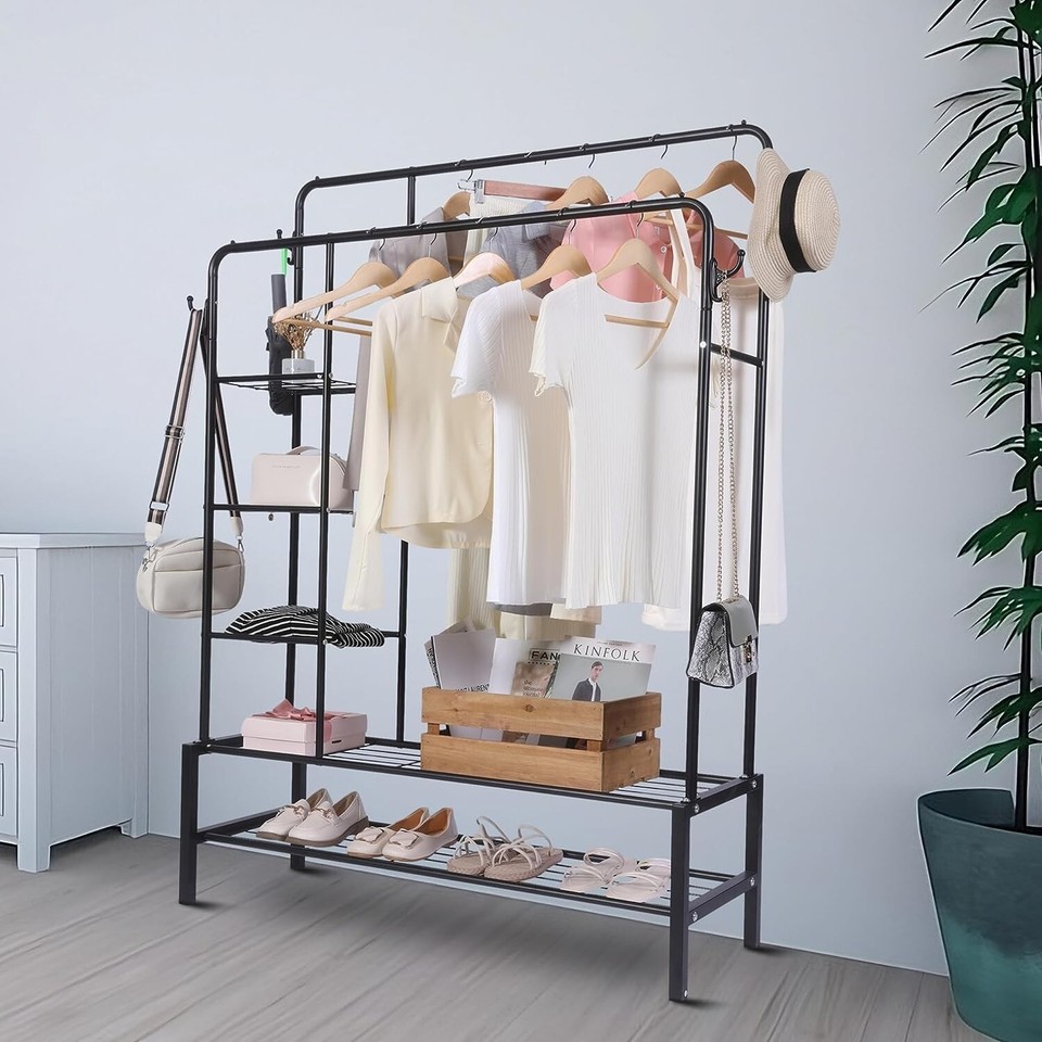 Heavy Duty Double Clothes Rail 120KG Load Cloth Rack With Shelves ...