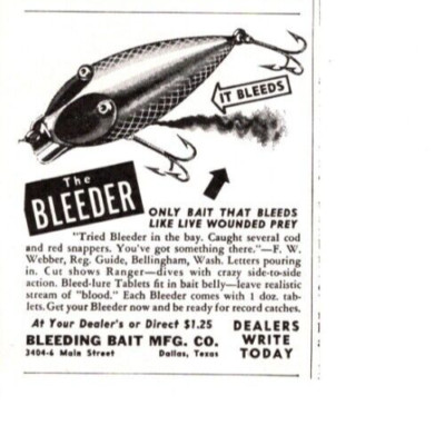 1939 "THE BLEEDER" FISHING LURE PRINT AD, BLEEDING BAIT, PENN REELS ...