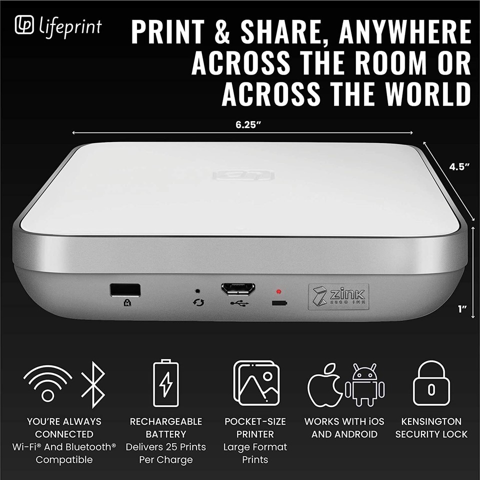 Lifeprint Wireless Video & Photo Printer 3x4.5", Zink Portable Printer ...