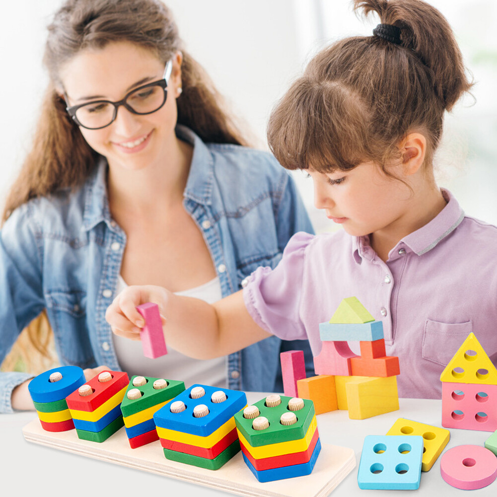 Wooden Geometric Shapes Sorting Math Toys Set Montessori Baby Preschool ...