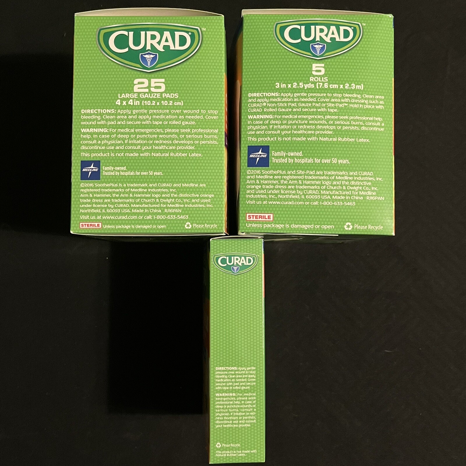 Lot Of 3 Curad Soothe Plus Rolled Gauze Medium, Large & Medium Nonstick ...
