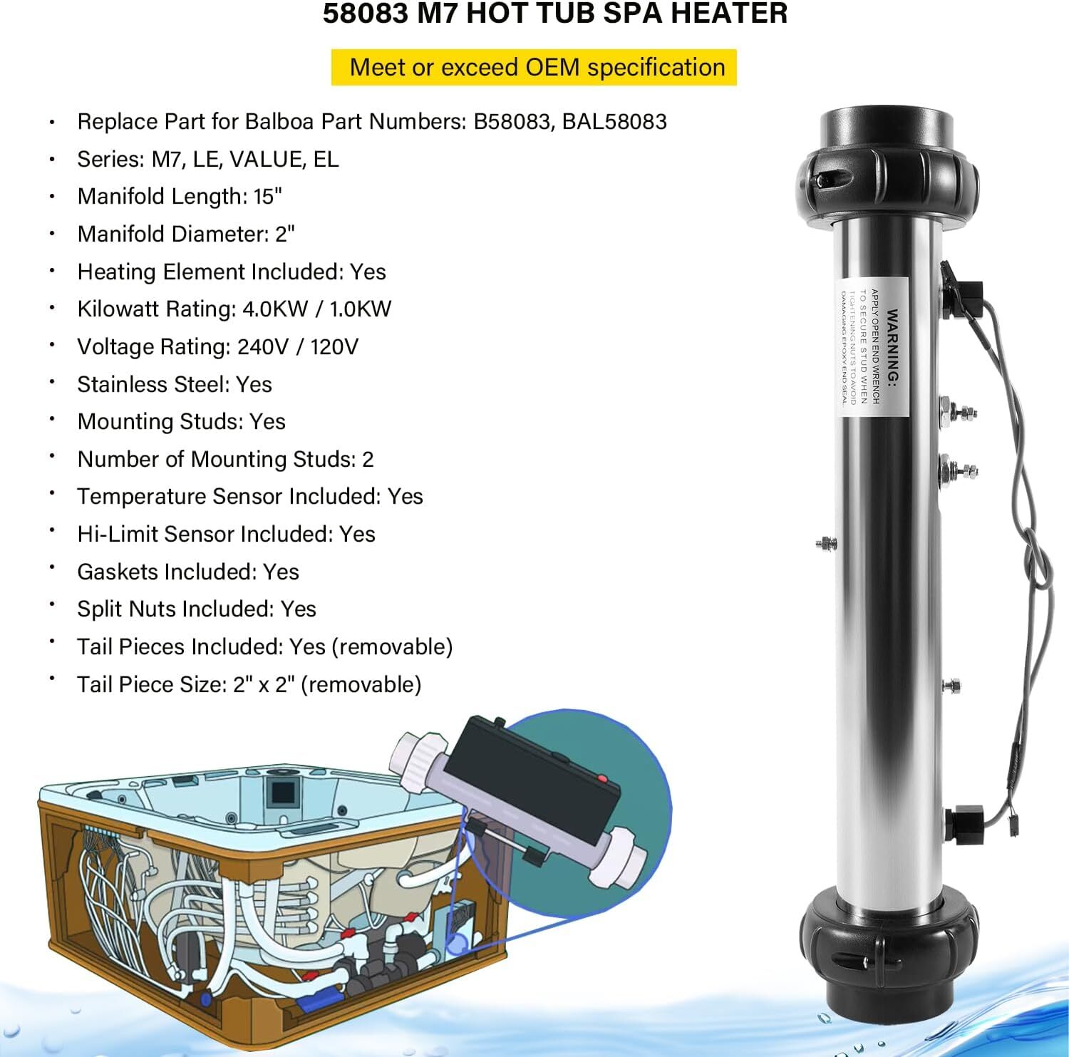 For Balboa 58083 M-7 Heater Assembly 15",240V/120V 5.5 kW, with Studs ...