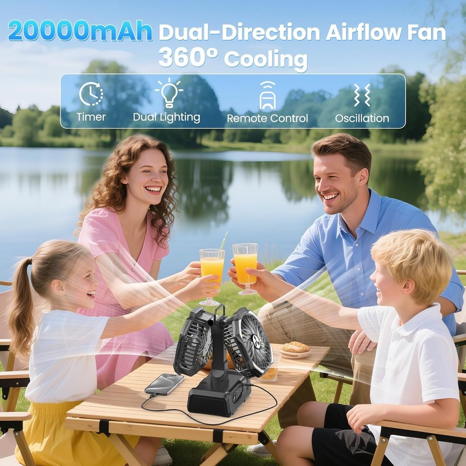 Portable Rechargeable Fan Dual Head 20000mAh Battery Operated with LED ...