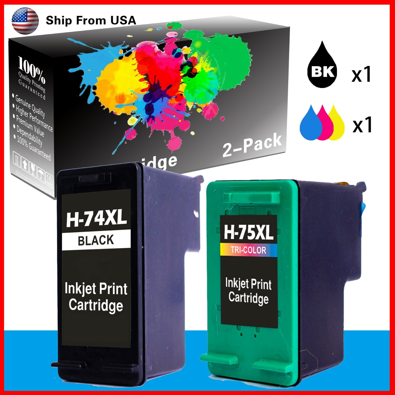 2PK Compatible 75XL 74XL 74 75 Ink Cartridge for Photosmart C4280 | 1BK ...