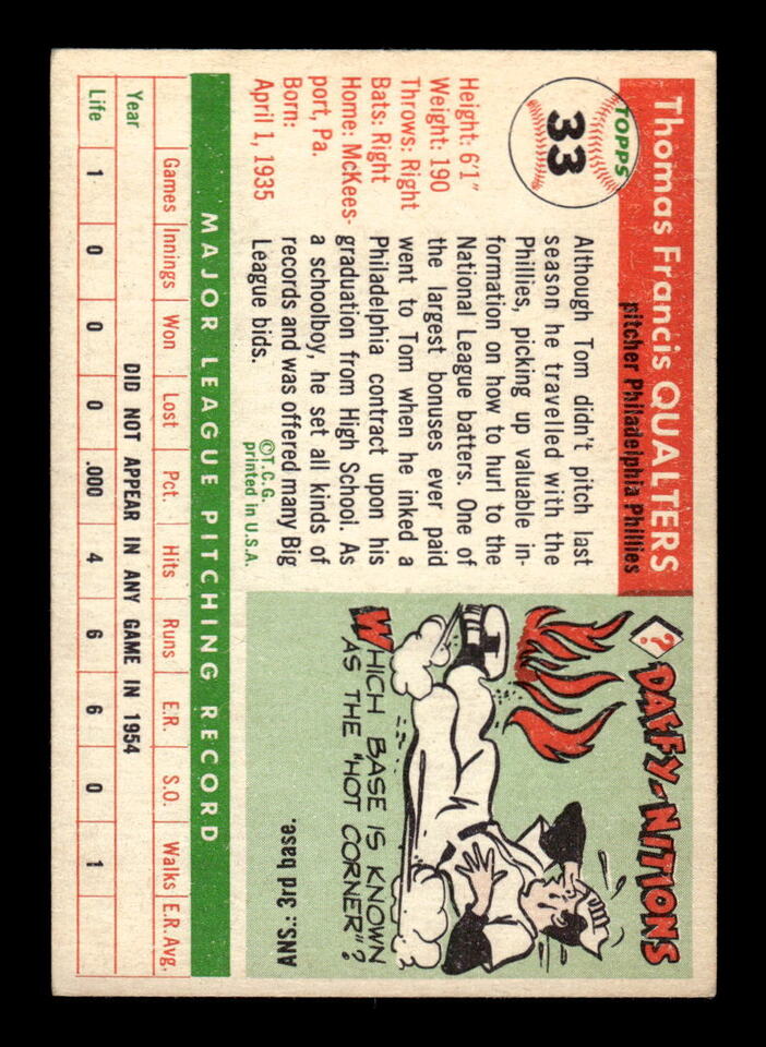 1955 Topps Baseball #33 Tom Qualters Excellent Philadelphia Phillies | eBay
