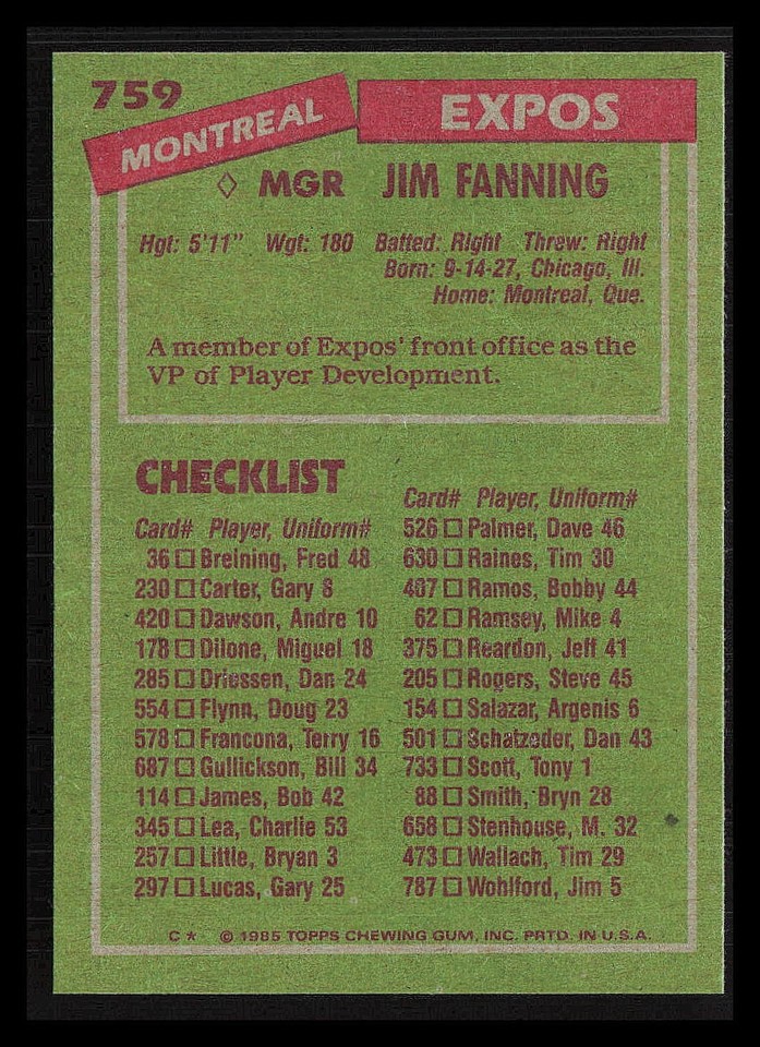 Jim Fanning 1985 Topps #759 Montreal Expos | eBay