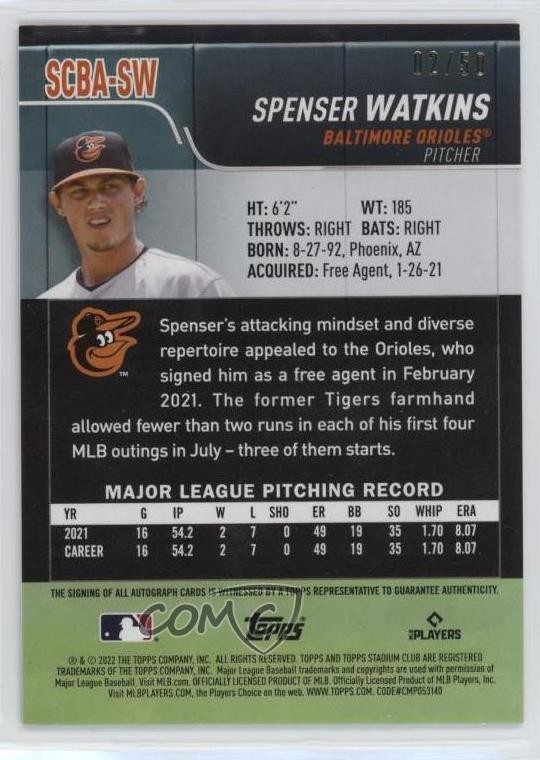 2022 Topps Stadium Club Red Foil /50 Spenser Watkins #SCBA-SW Rookie ...