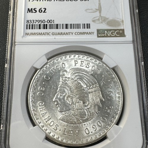 1947 MEXICO SILVER 5 CINCO PESOS CUAUHTEMOC NGC MS 62 LOW MINTAGE WHITE ...